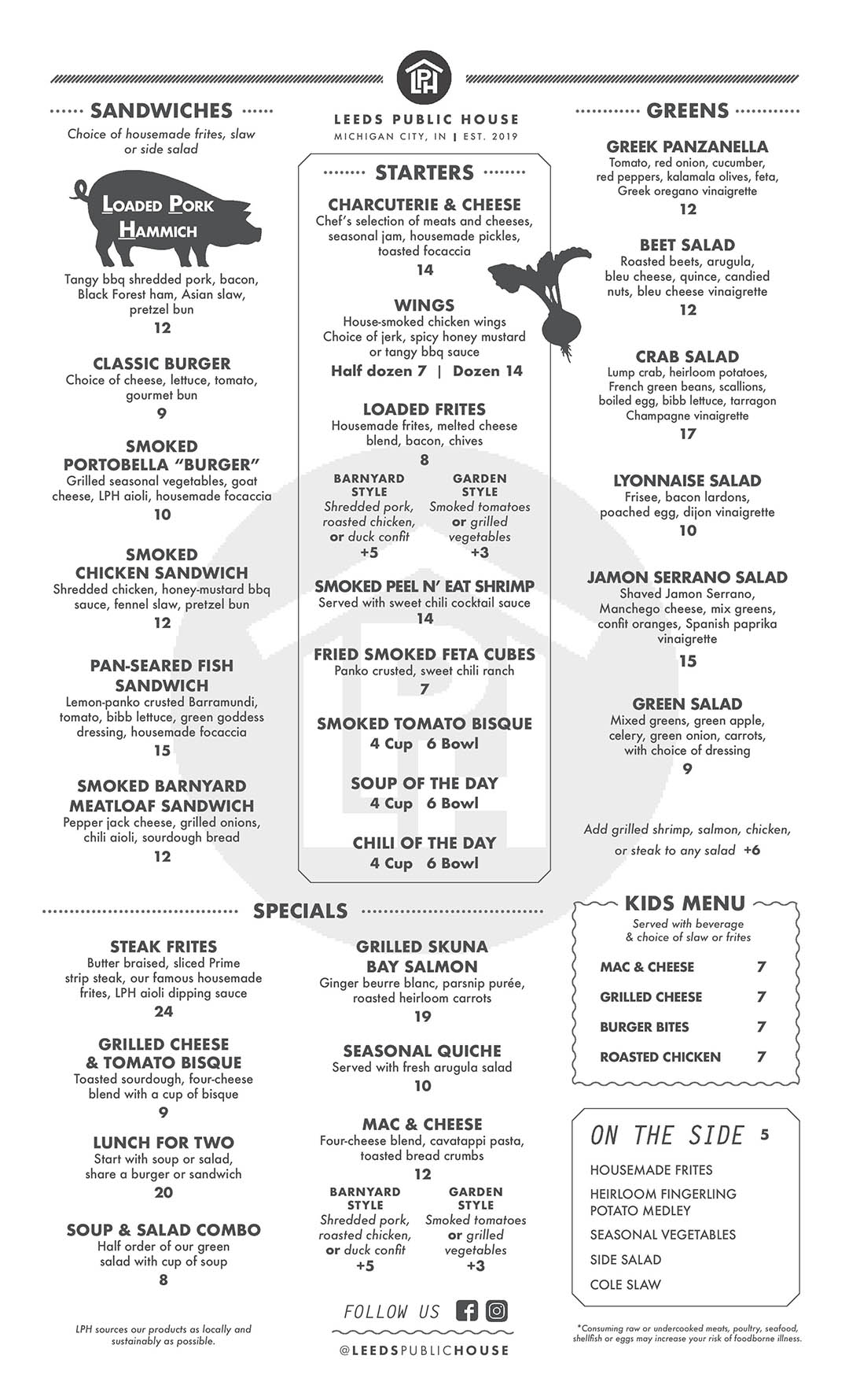 Menu | Leeds Public House | Gastropub In Downtown Michigan City