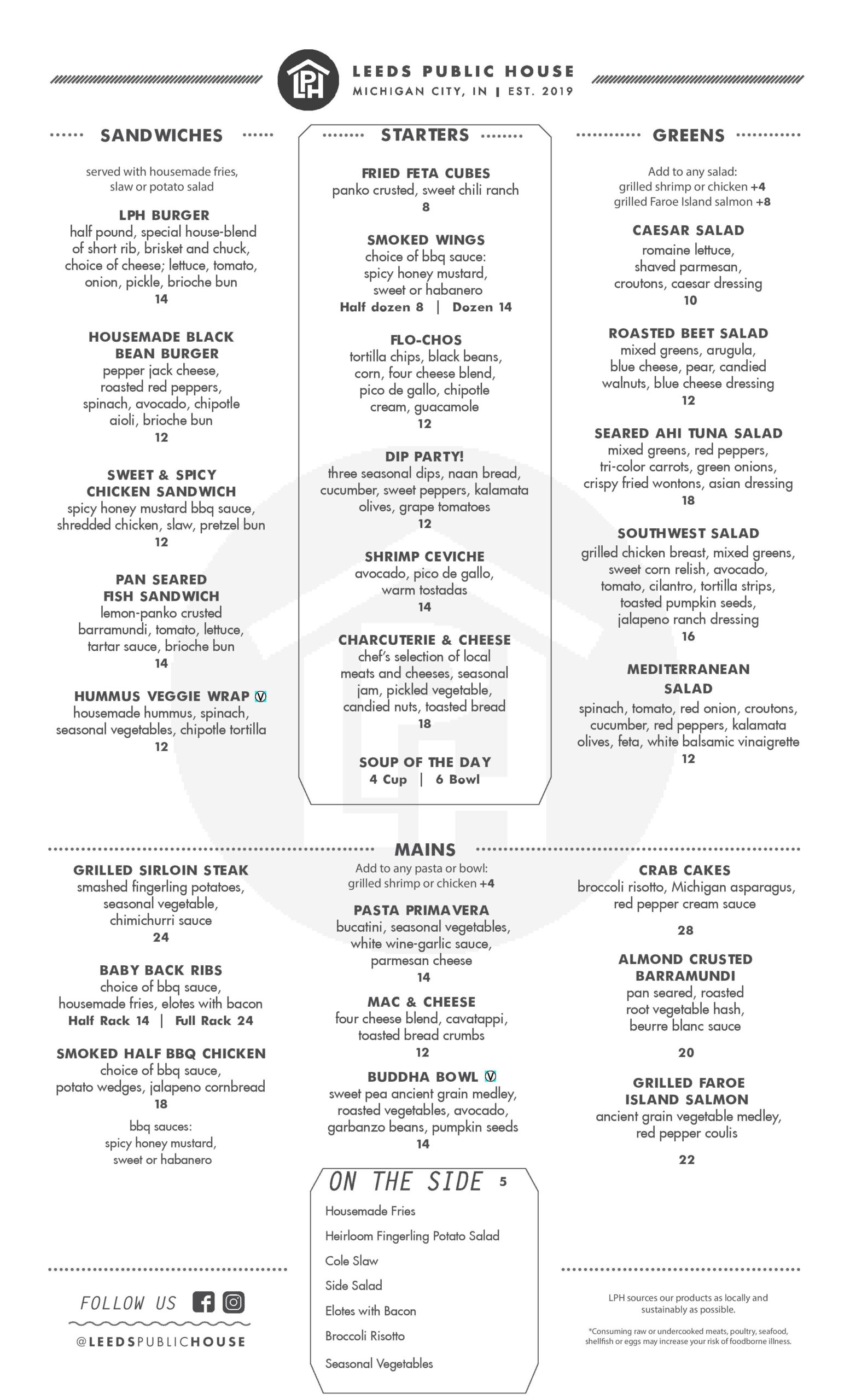 Menu | Leeds Public House | Gastropub In Downtown Michigan City