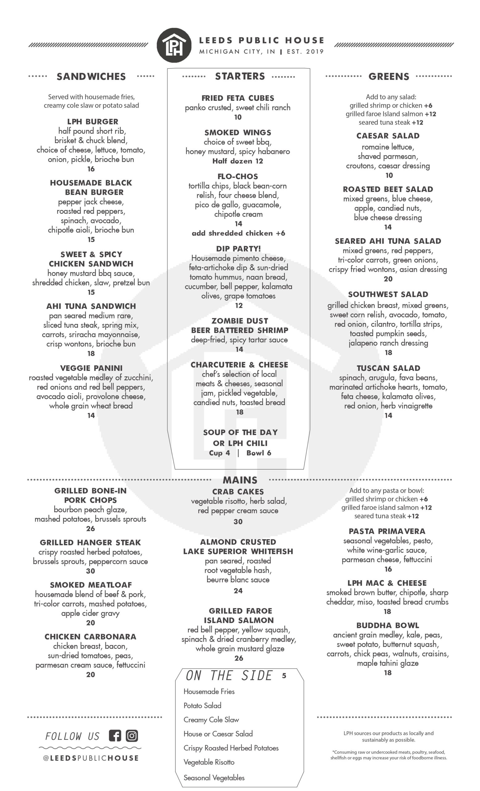 Menu - Leeds Public House | Gastropub In Downtown Michigan City