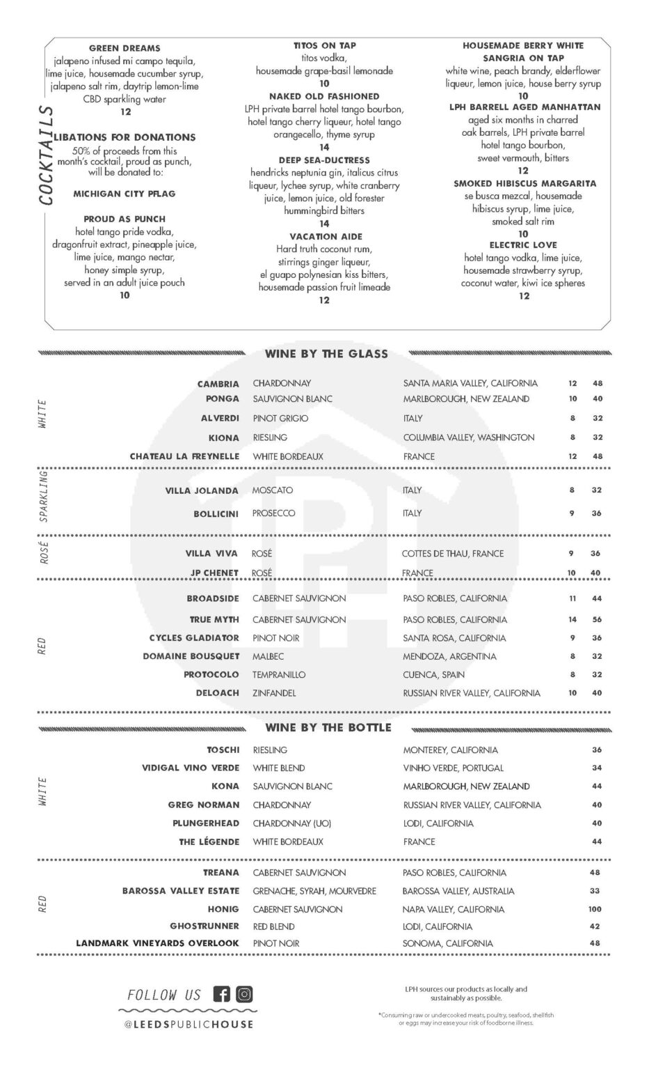 Menu - Leeds Public House | Gastropub In Downtown Michigan City