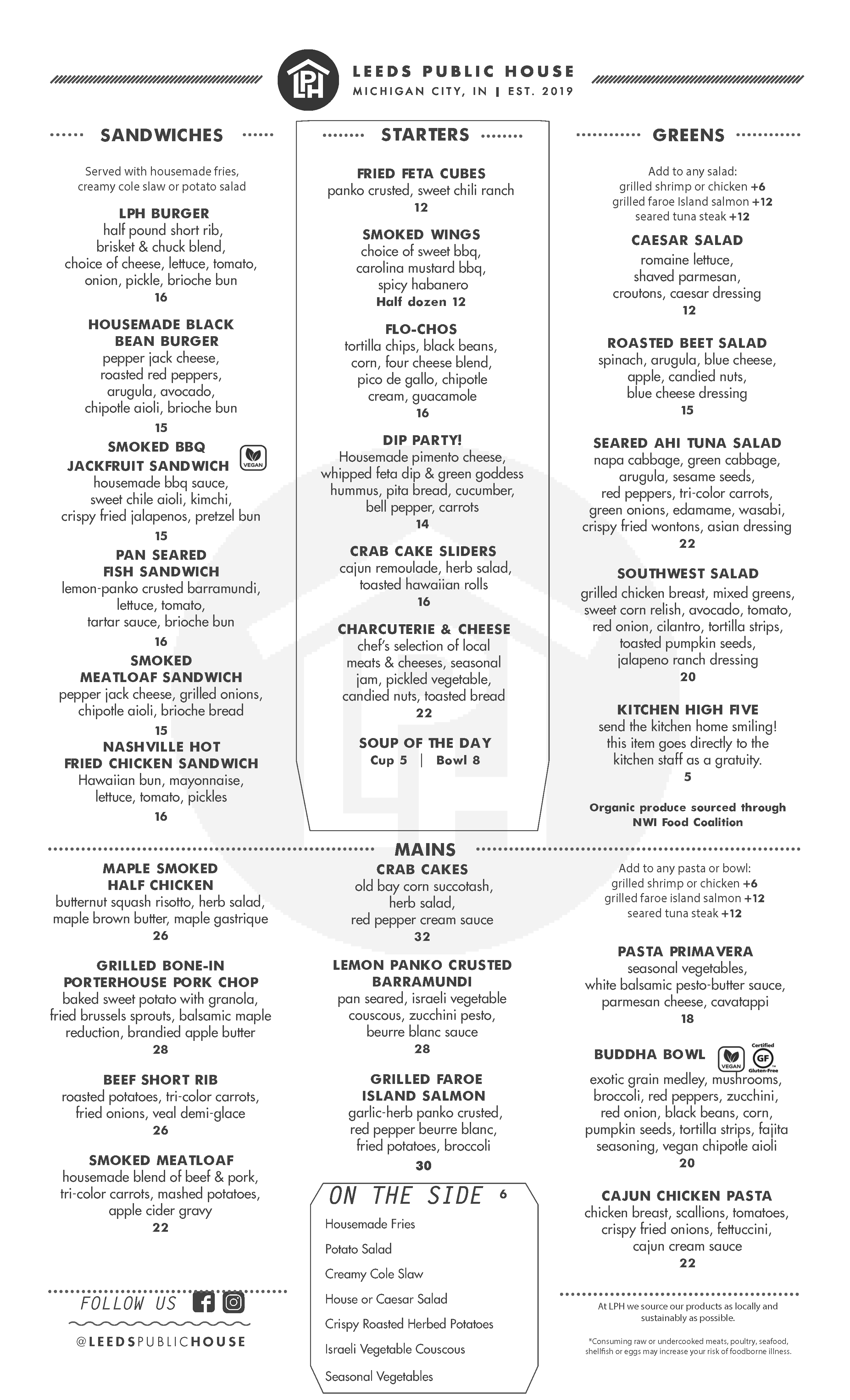 Menu - Leeds Public House | Gastropub In Downtown Michigan City